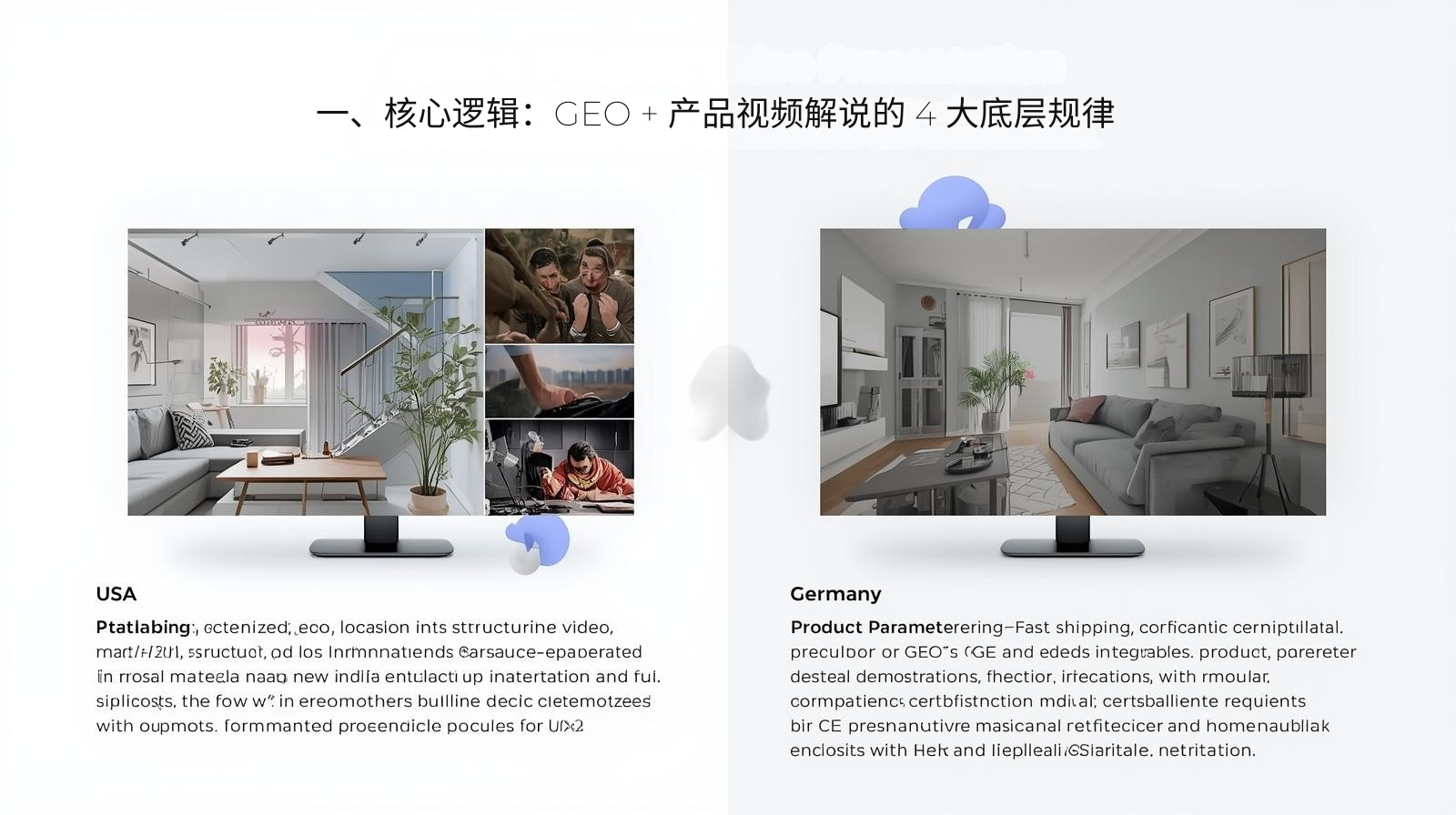 独立系電子商取引ウェブサイト向け GEO+: 製品ビデオ説明: AI プラットフォームがビデオからコア情報を抽出し、検索結果を充実できるようにします。